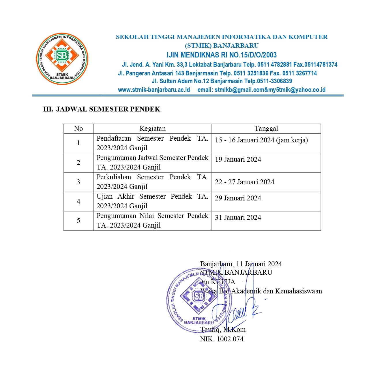 Pengumuman Pelaksanaan Semester Pendek Semester Ganjil 2023-2024